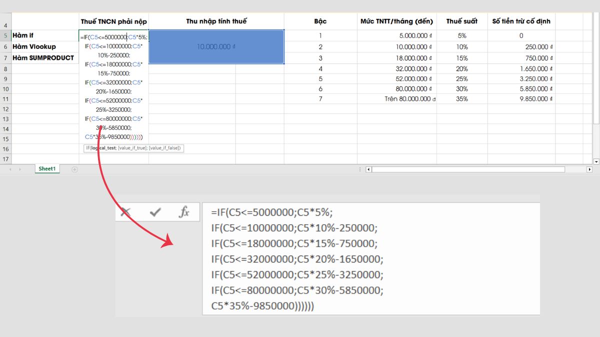 Công thức tính thuế TNCN trong Excel chi tiết 2025